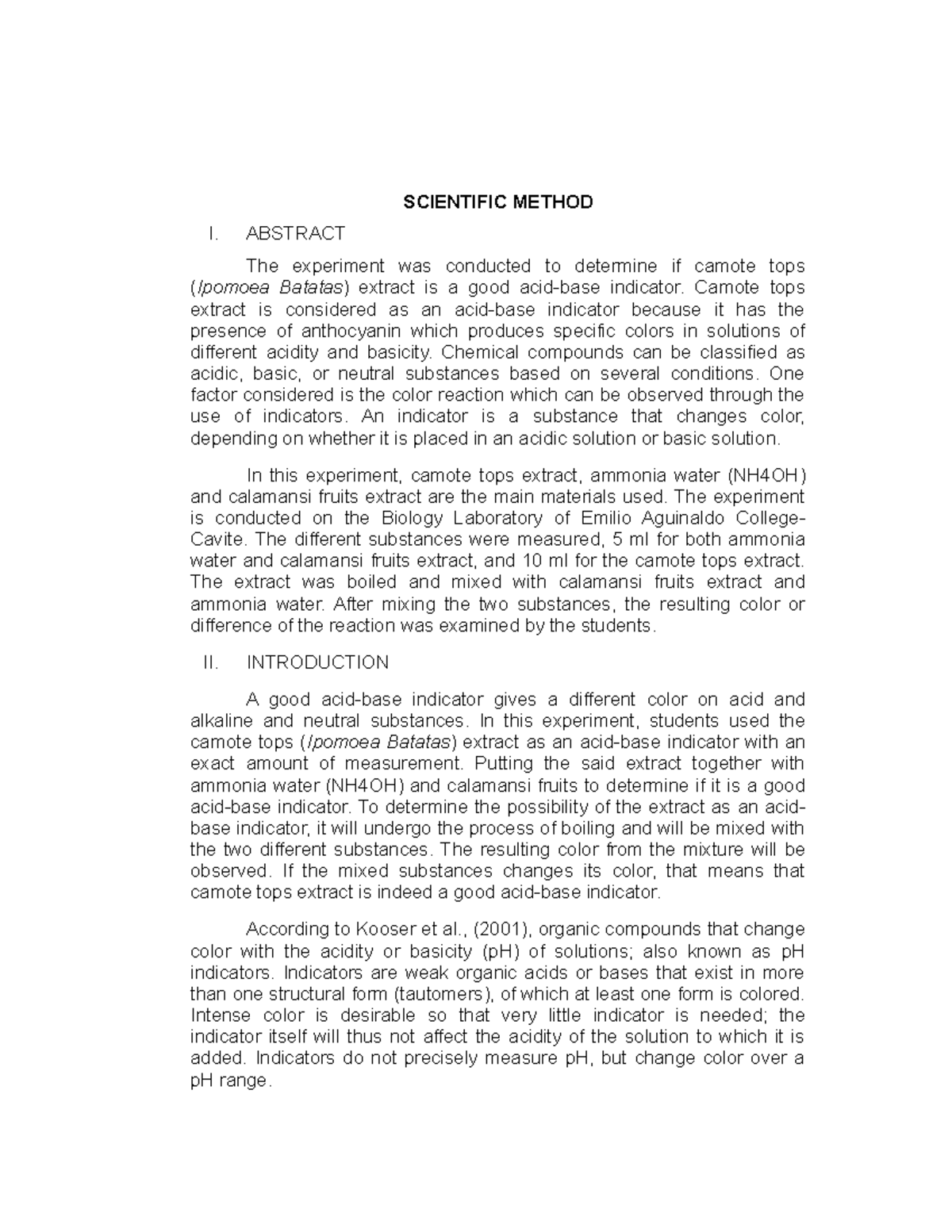 Scientific Method Laboratory Report - SCIENTIFIC METHOD I. ABSTRACT The ...