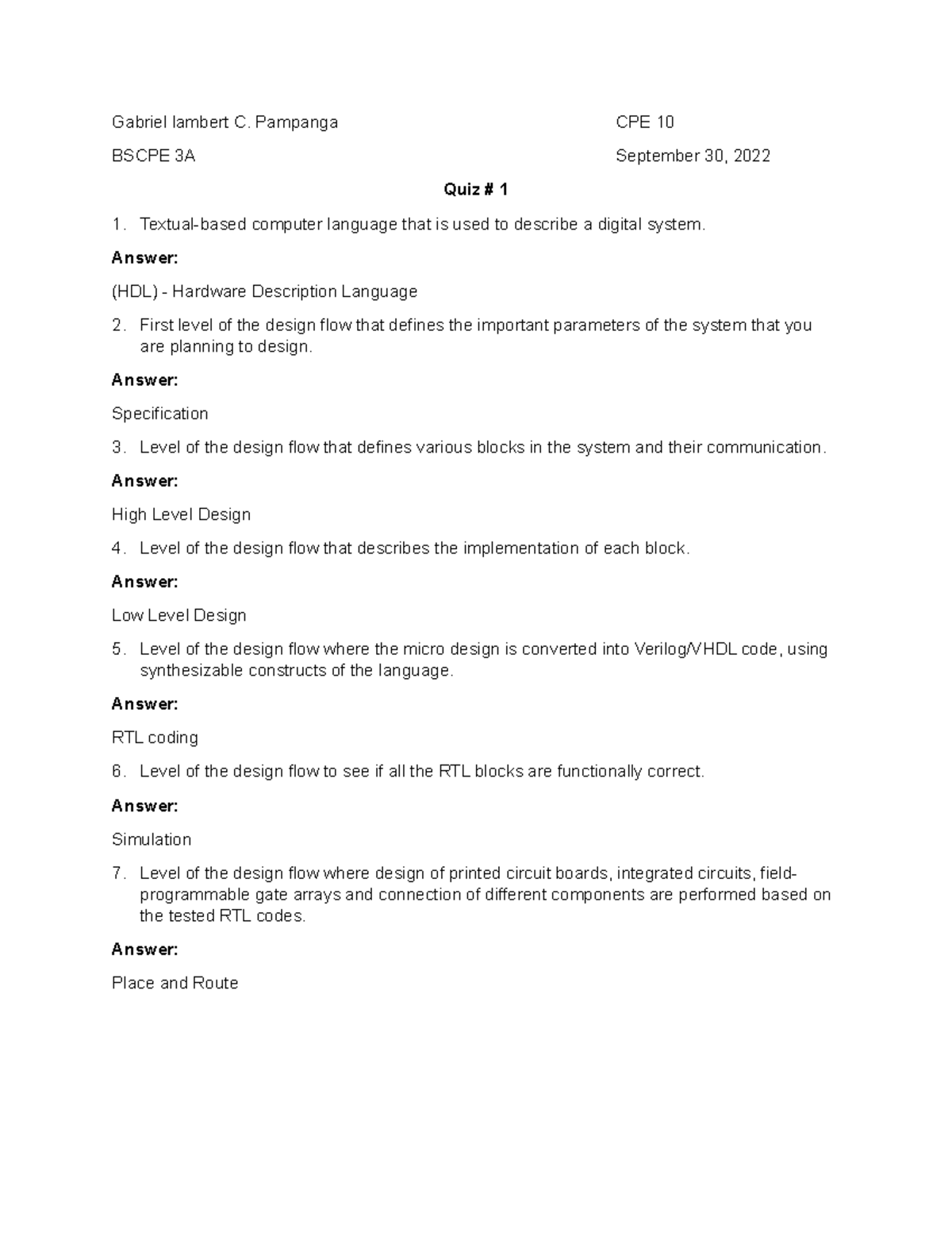 QUIZ #1 - CPE 10 - Gabriel pampanga - Gabriel lambert C. Pampanga CPE 10 BSCPE 3A September 30 ...