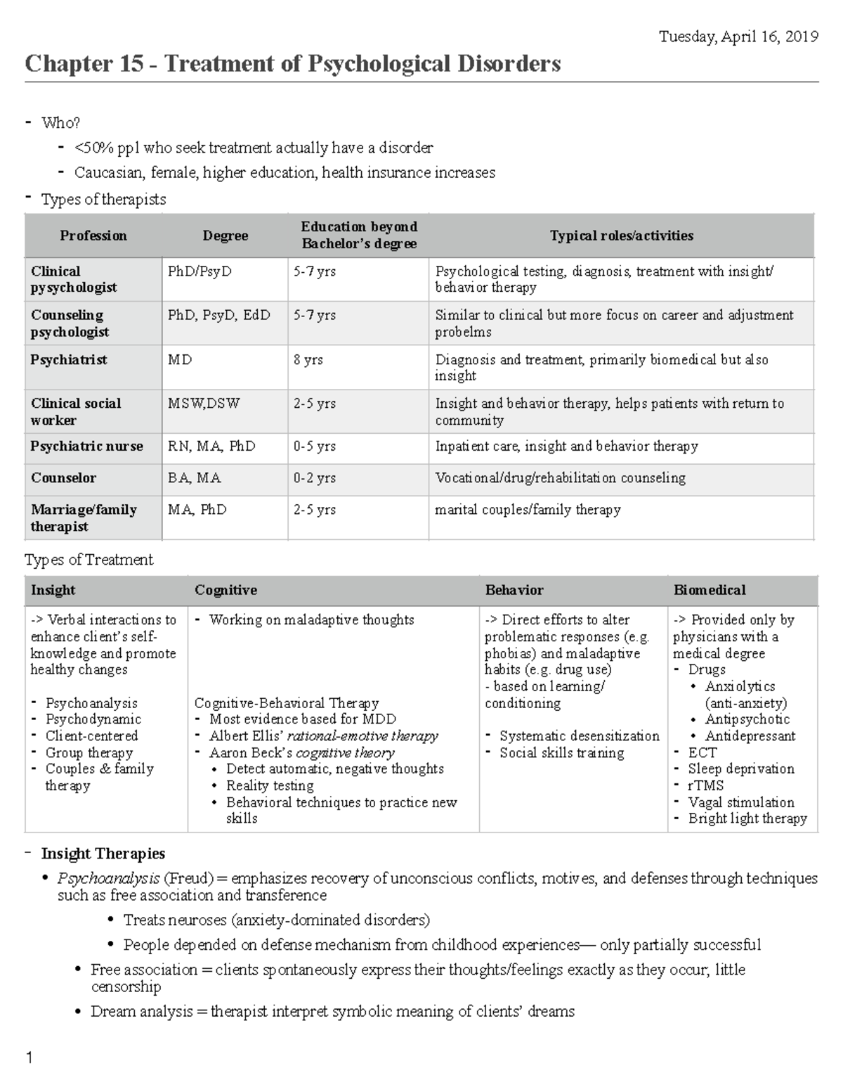 Chapter 15 - Treatment of Psychological Disorders - Chapter 15 ...