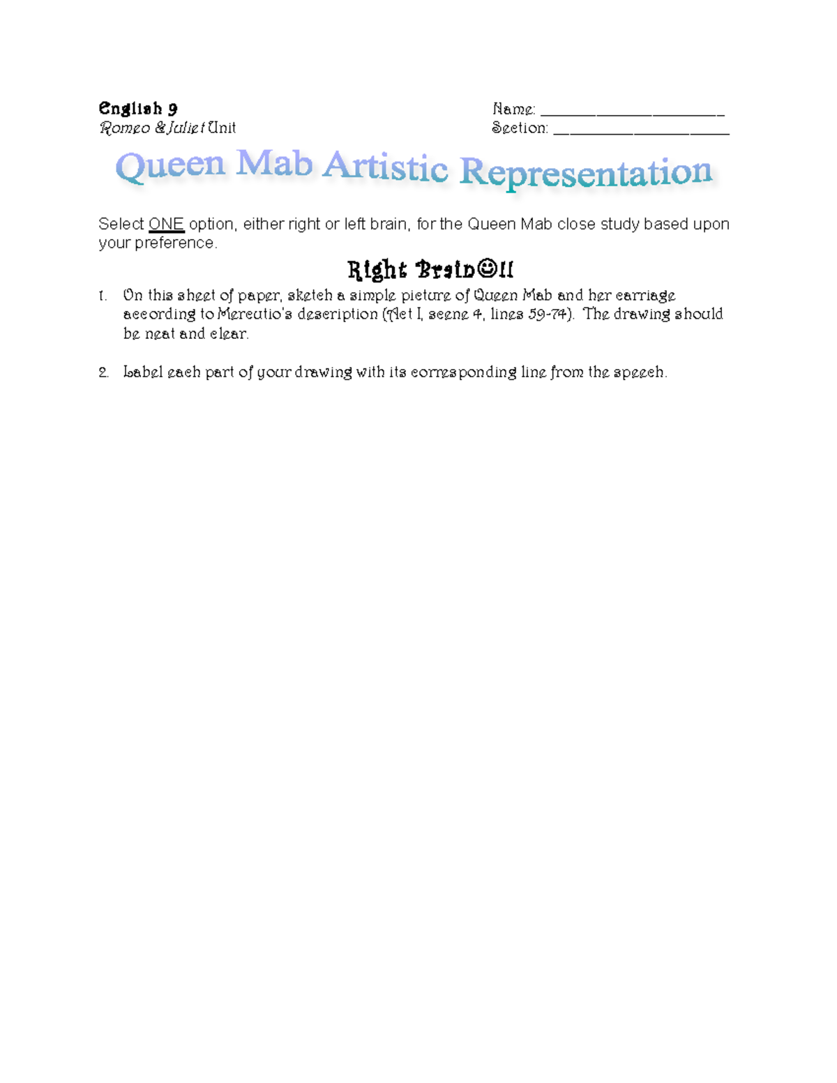 Queen Mab Activity - English 9 Name: _______________________ Romeo ...