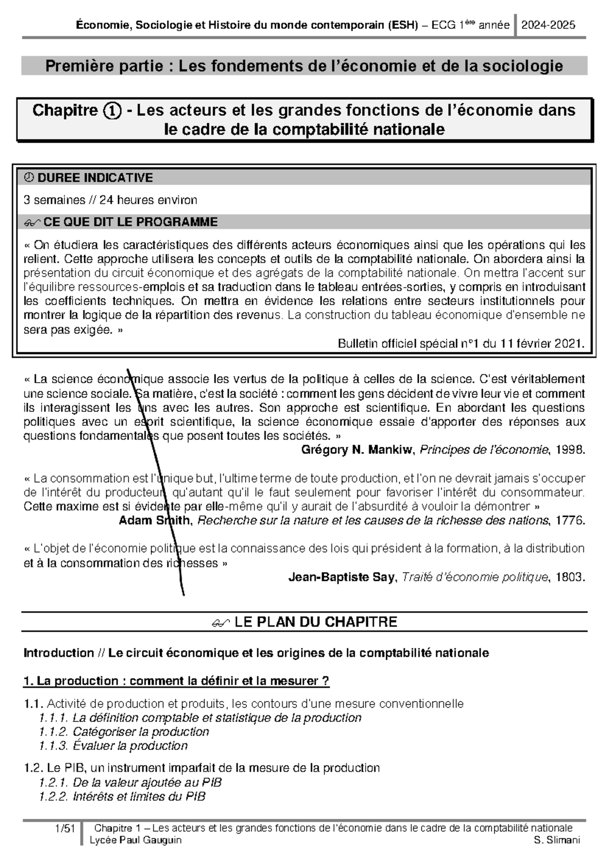 ESH1.Ch1.Acteurs et fonctions dans la CN.24-25. Cours Complet - 1 / 51 Chapitre 1 – Les acteurs ...