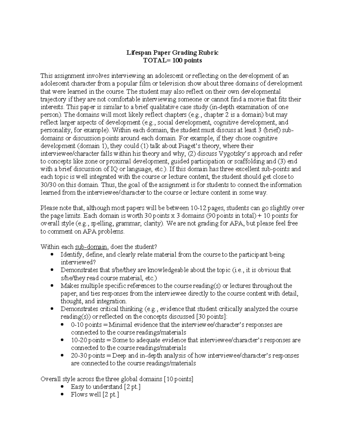 Rubric Lifespan Paper Lifespan Paper Grading Rubric TOTAL 100 Points rubric-lifespan-paper-lifespan-paper-grading-rubric-total-100-points