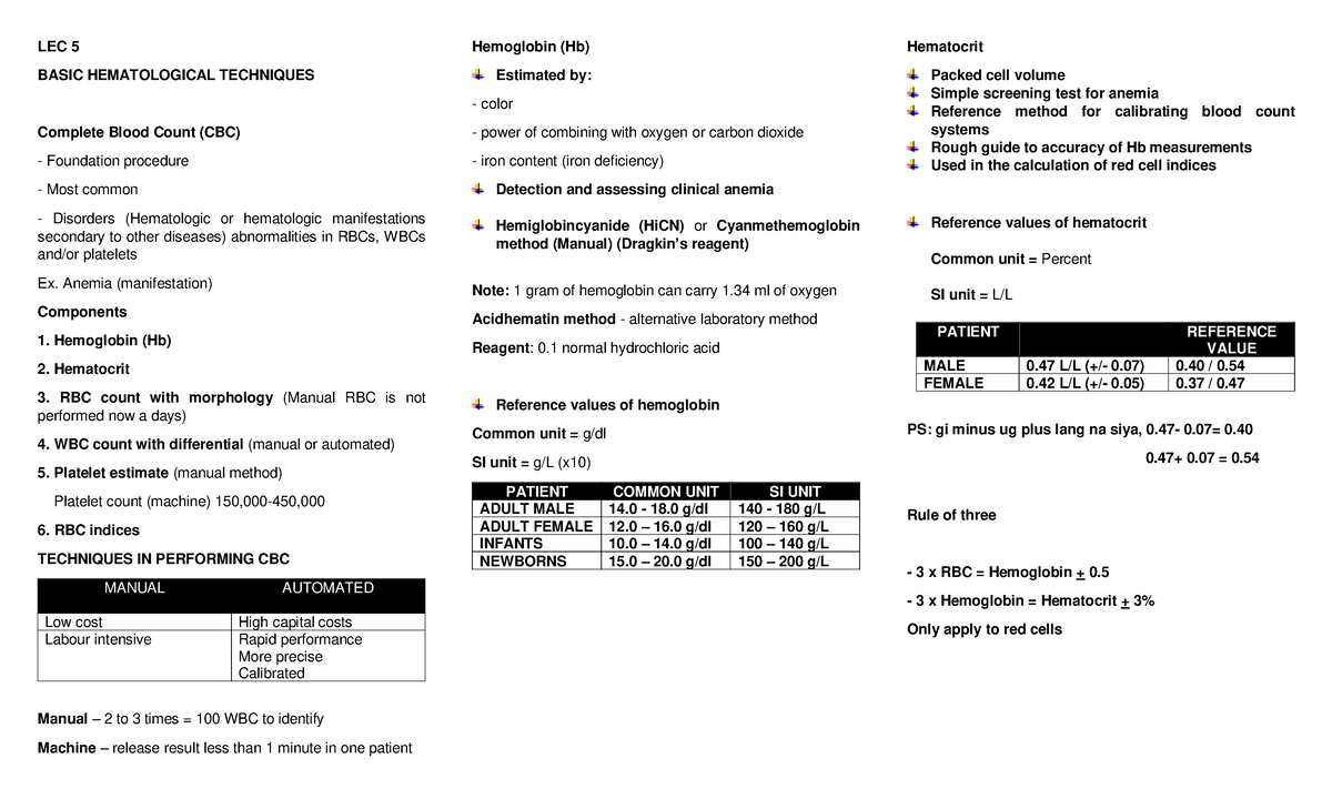 HEMA-LECT- Midterms - 🏻 🏻 🏻 🏻 🏻 - LEC 5 BASIC HEMATOLOGICAL TECHNIQUES ...