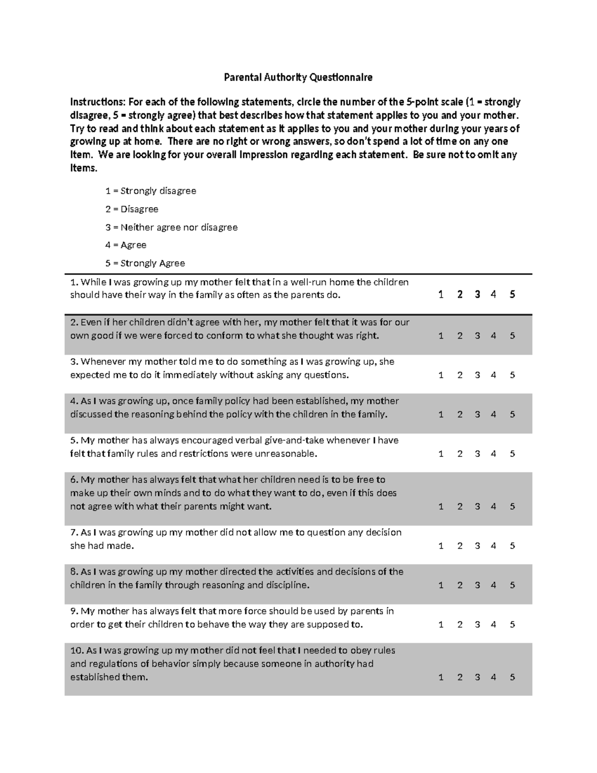 Parental authority questionnaire - Parental Authority Questionnaire ...