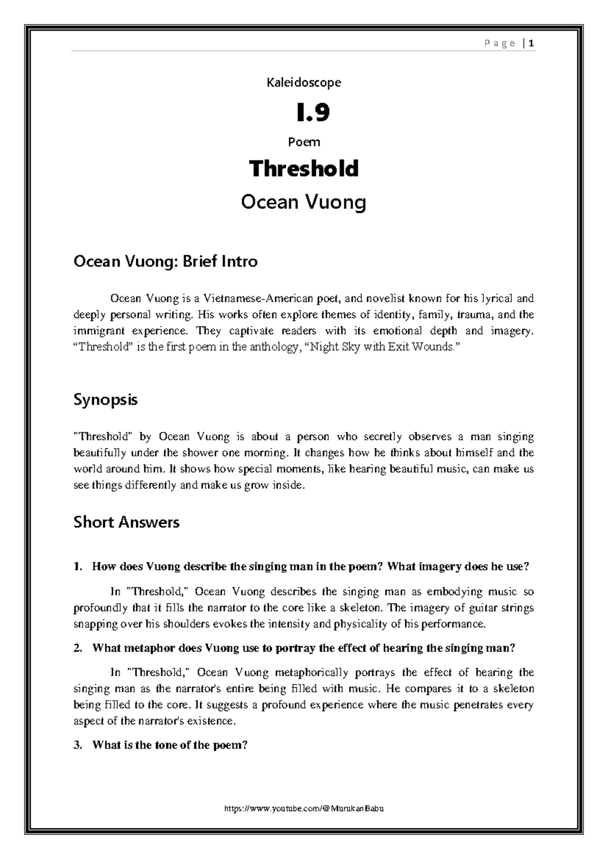 9 Threshold Ocean Vuong SQs - P a g e | 1 youtube/@MurukanBabu ...