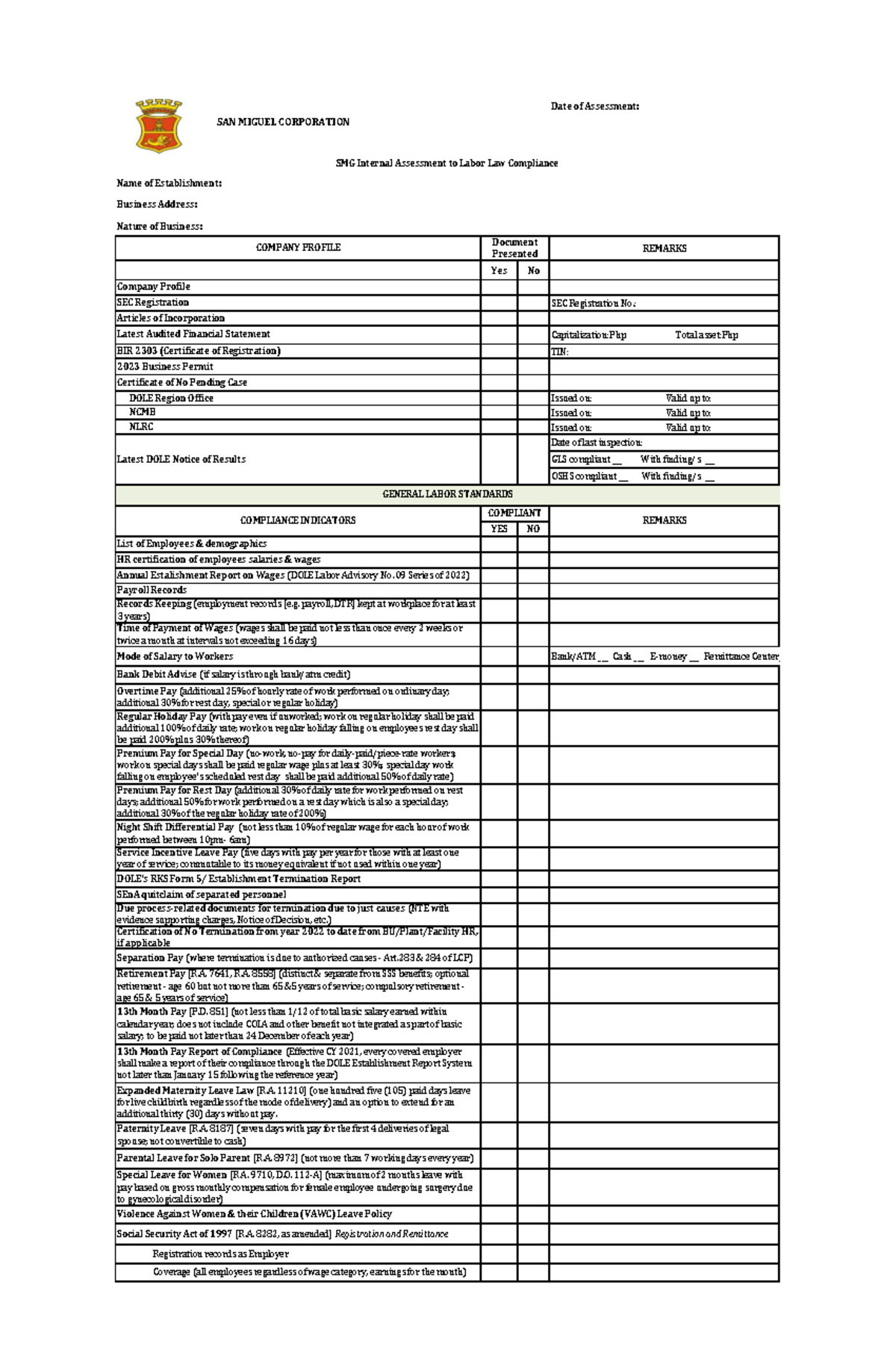 2023 DOLE SMC Compliance Checklist - Date of Assessment: Nature of ...