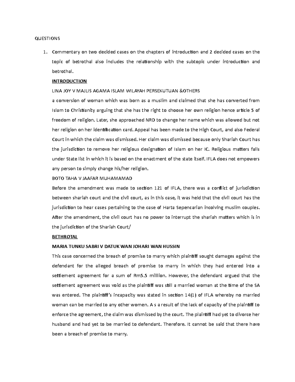 Tutorial 3 Family LAW - QUESTIONS Commentary on two decided cases on ...