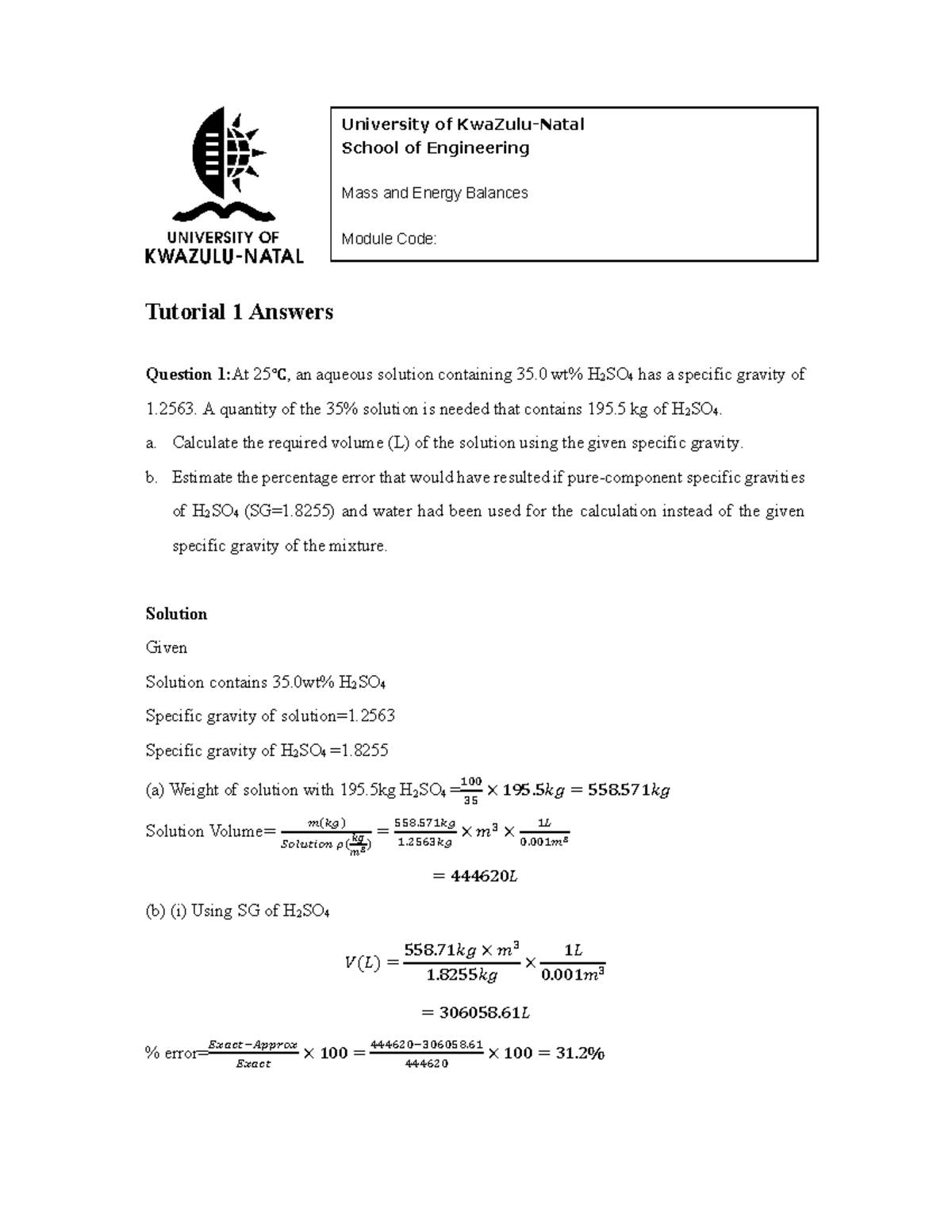 Tutorial 1 Solutions 2024 - Tutorial 1 Answers Question 1:At 25°C, an aqueous solution ...
