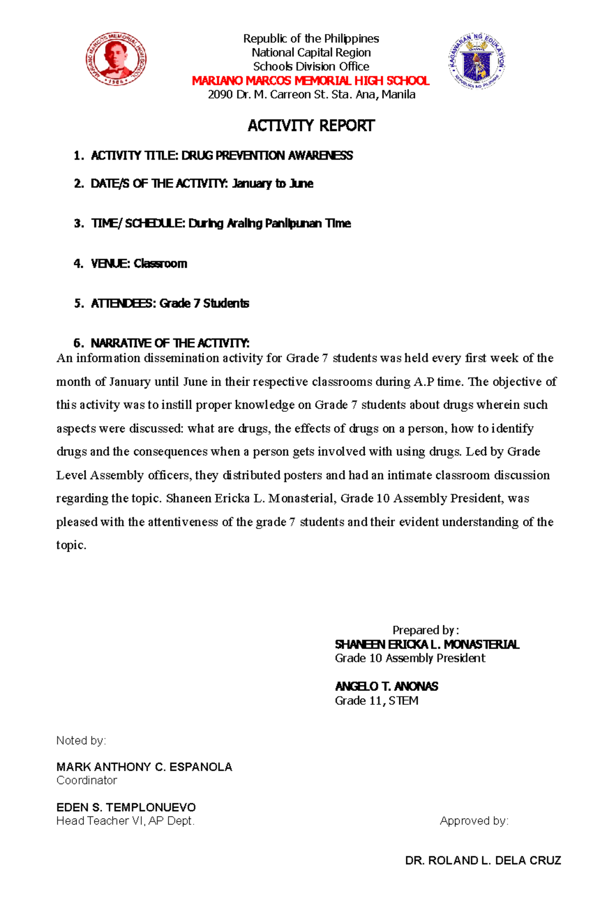 Activity-Report Shaneen - Republic of the Philippines National Capital ...