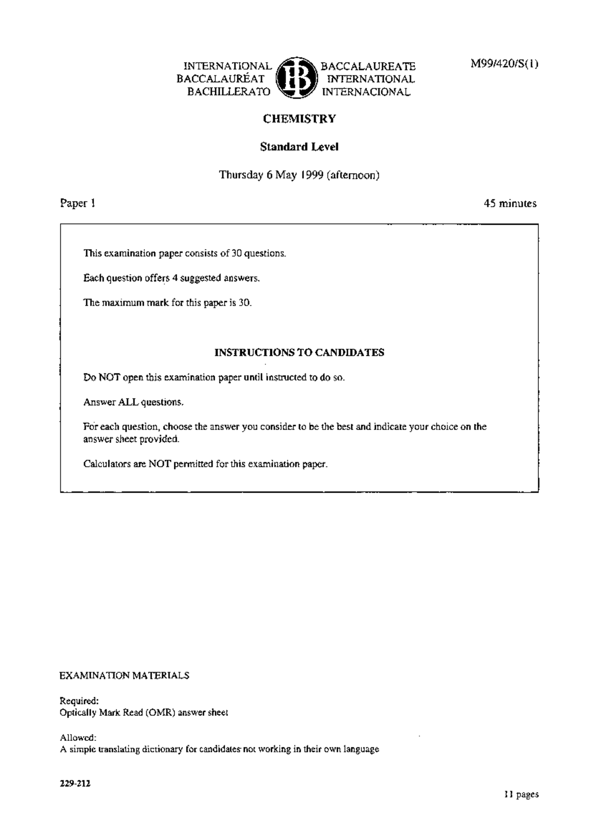 Chemistry paper 1 SL - need to read - Advanced Chemistry - Studocu