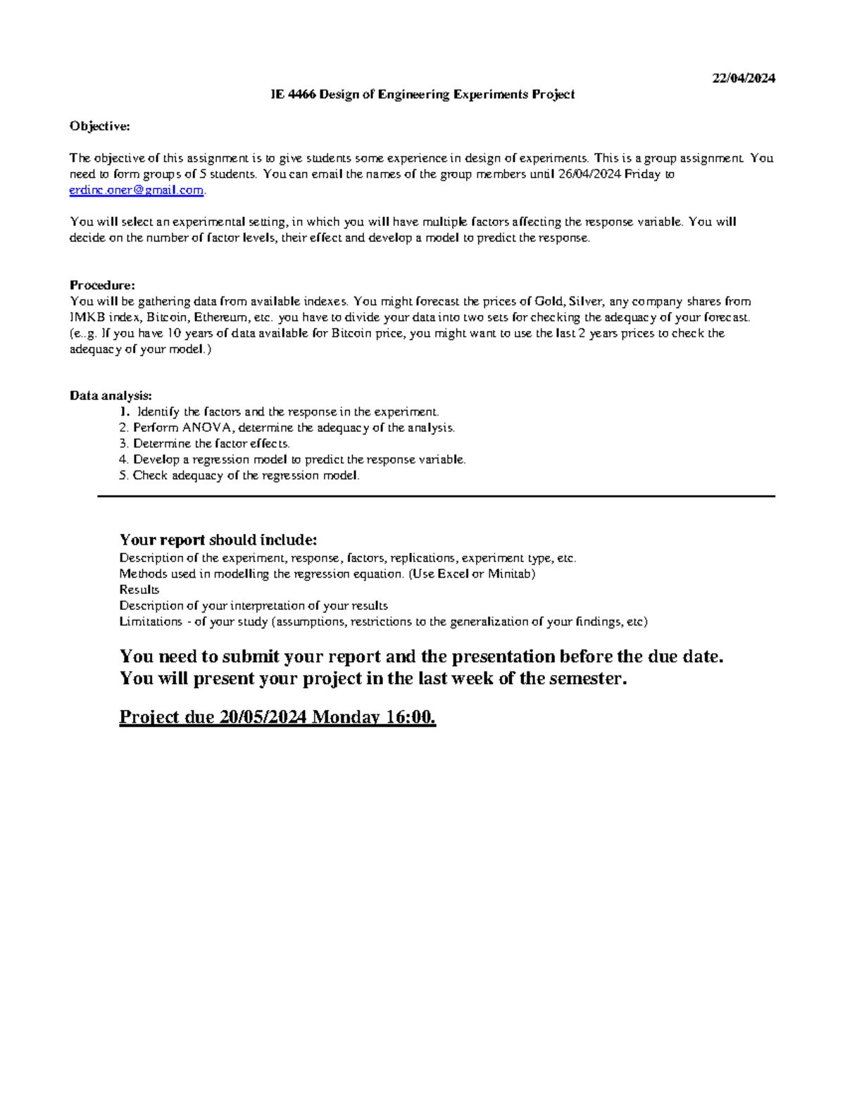 IE4466 Project-1 - 22 /04/20 24 IE 4466 Design of Engineering ...