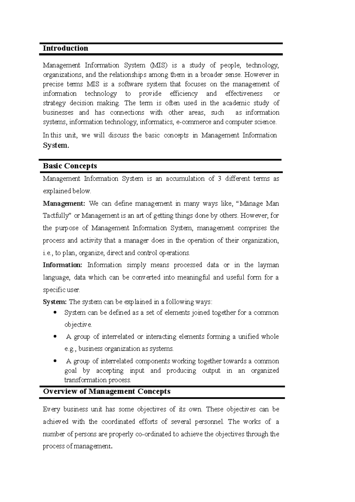 Lecture 1 - nil - Introduction Management Information System (MIS) is a study of people ...