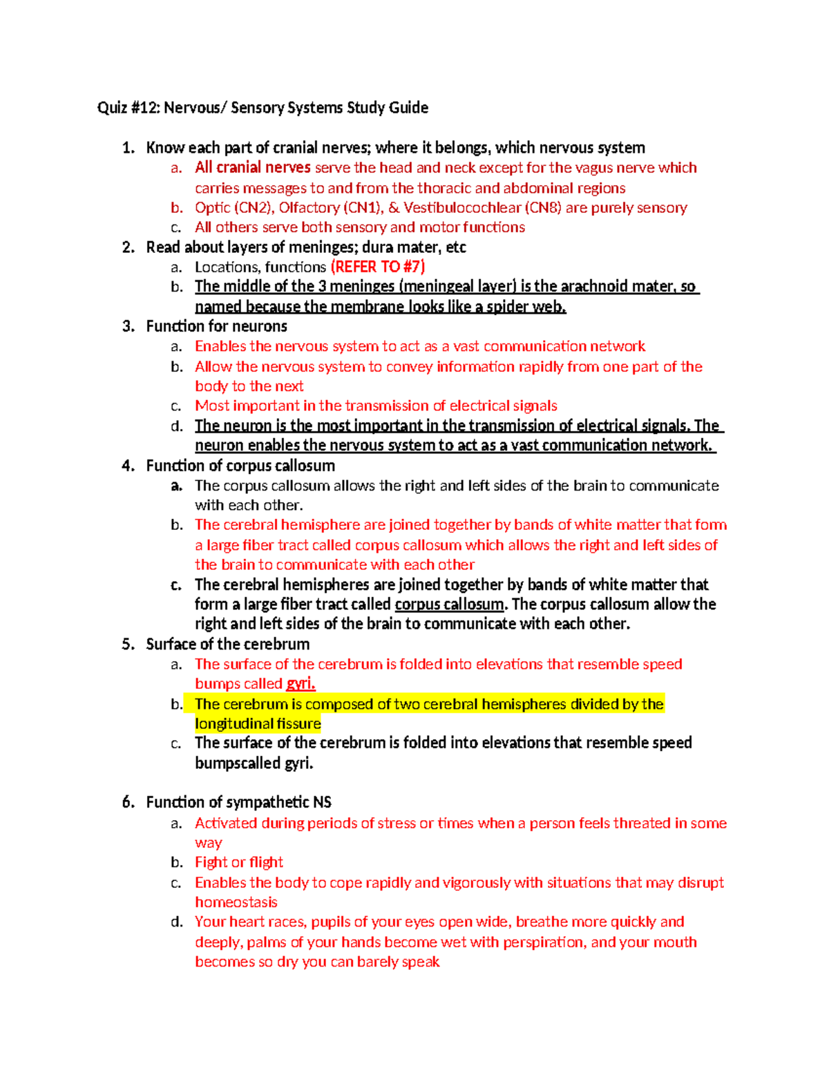 QUIZ12 Nervoussensory - Quiz #12: Nervous/ Sensory Systems Study Guide ...