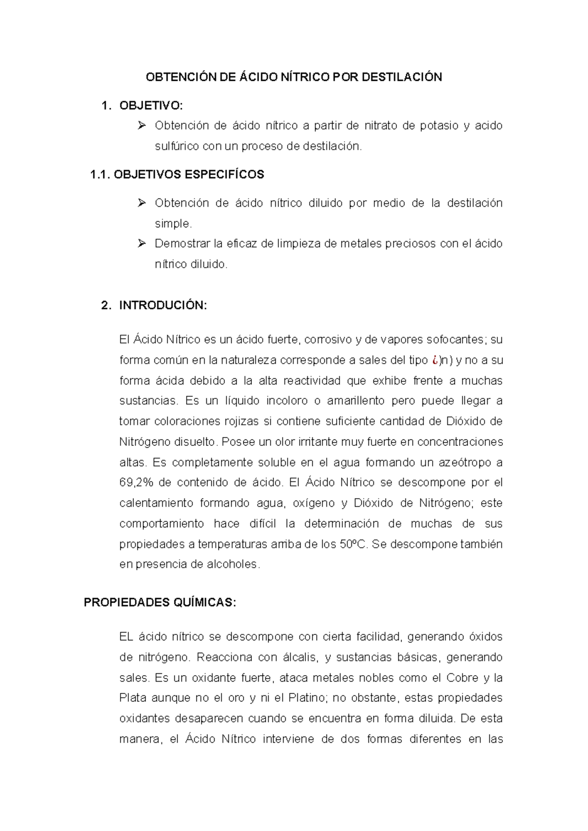 Obtencion del acido nitrico diluido - OBTENCIÓN DE ÁCIDO NÍTRICO POR ...