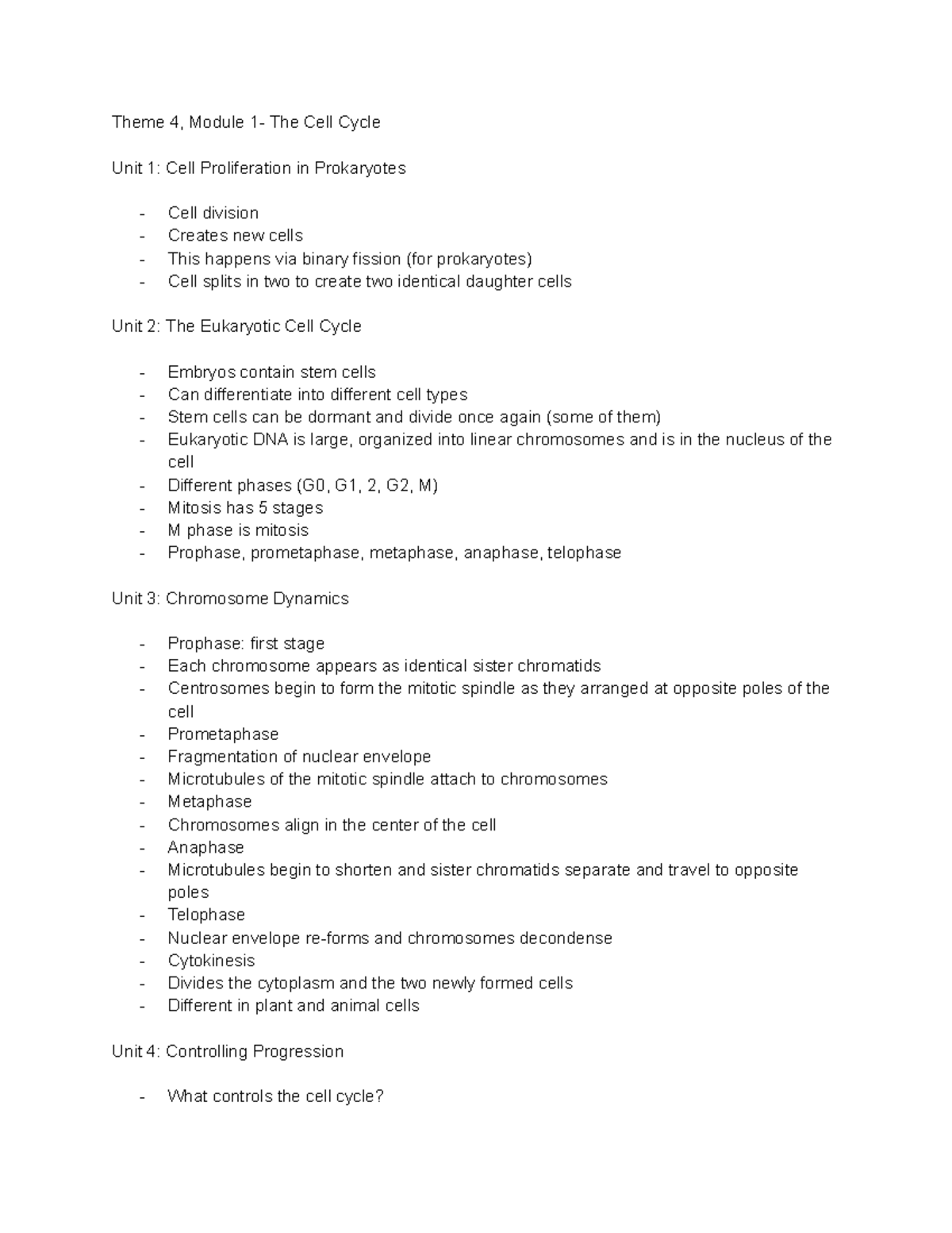 Bio 1A03 Test 2 - Summary Biology - Theme 4, Module 1- The Cell Cycle ...