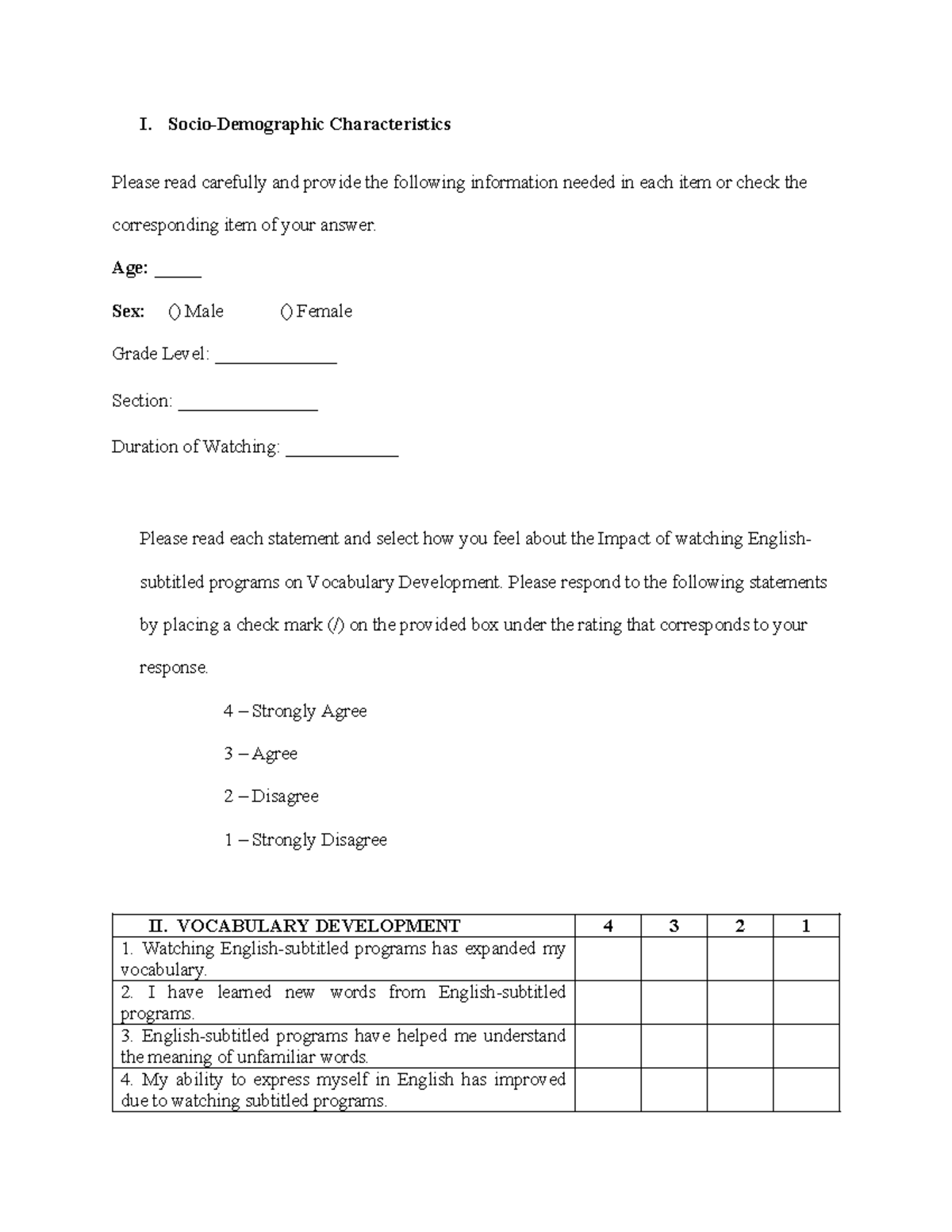 Sample survey Questionaire(karl) - I. Socio-Demographic Characteristics ...