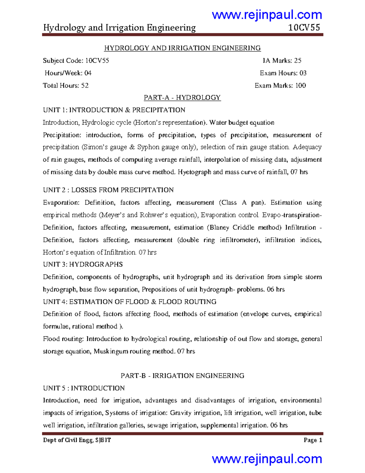Civil V Hydrology And Irrigation Engineering 10cv55 Notes Civil