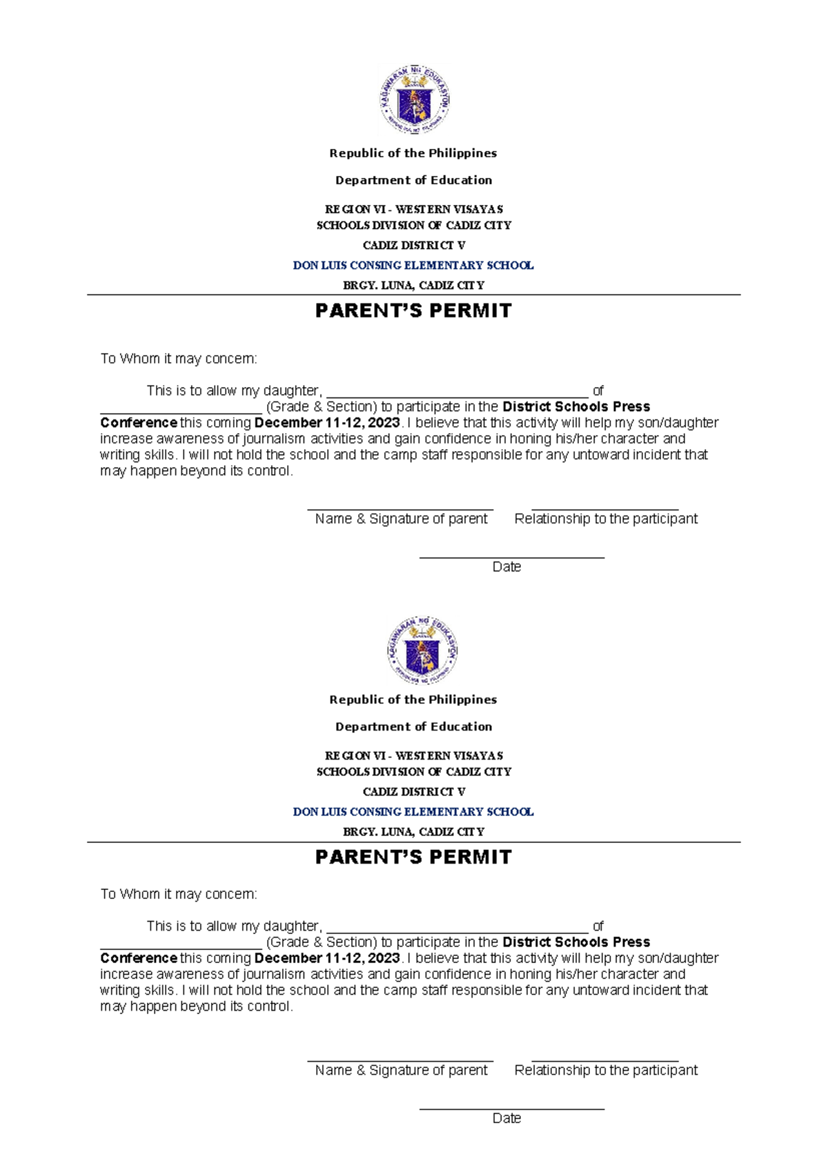 Parent'S Permit for journalism - Republic of the Philippines Department ...