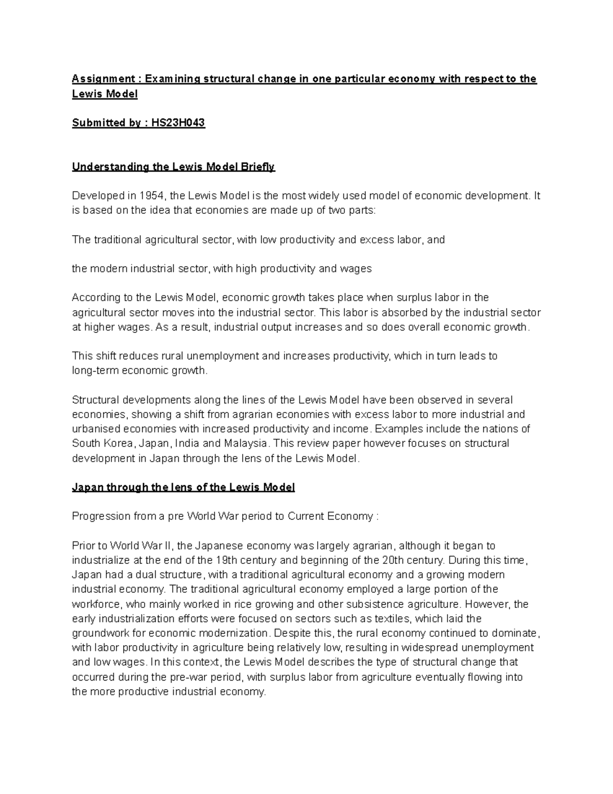 Development in Japan from the lens of the Lewis Model - Assignment ...