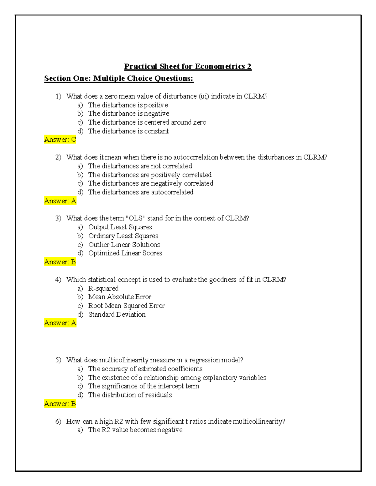 Sheet 1 - Questions and Answers - Practical Sheet for Econometrics 2 Section One: Multiple ...