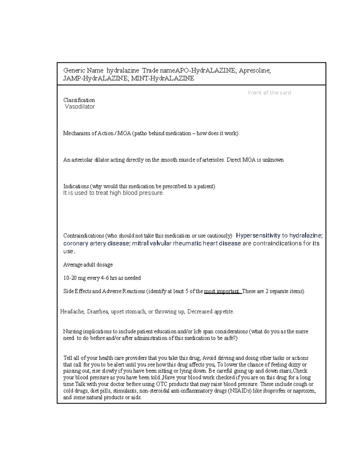 Hydralazine Drug card - Generic Name hydralazine Trade nameAPO ...