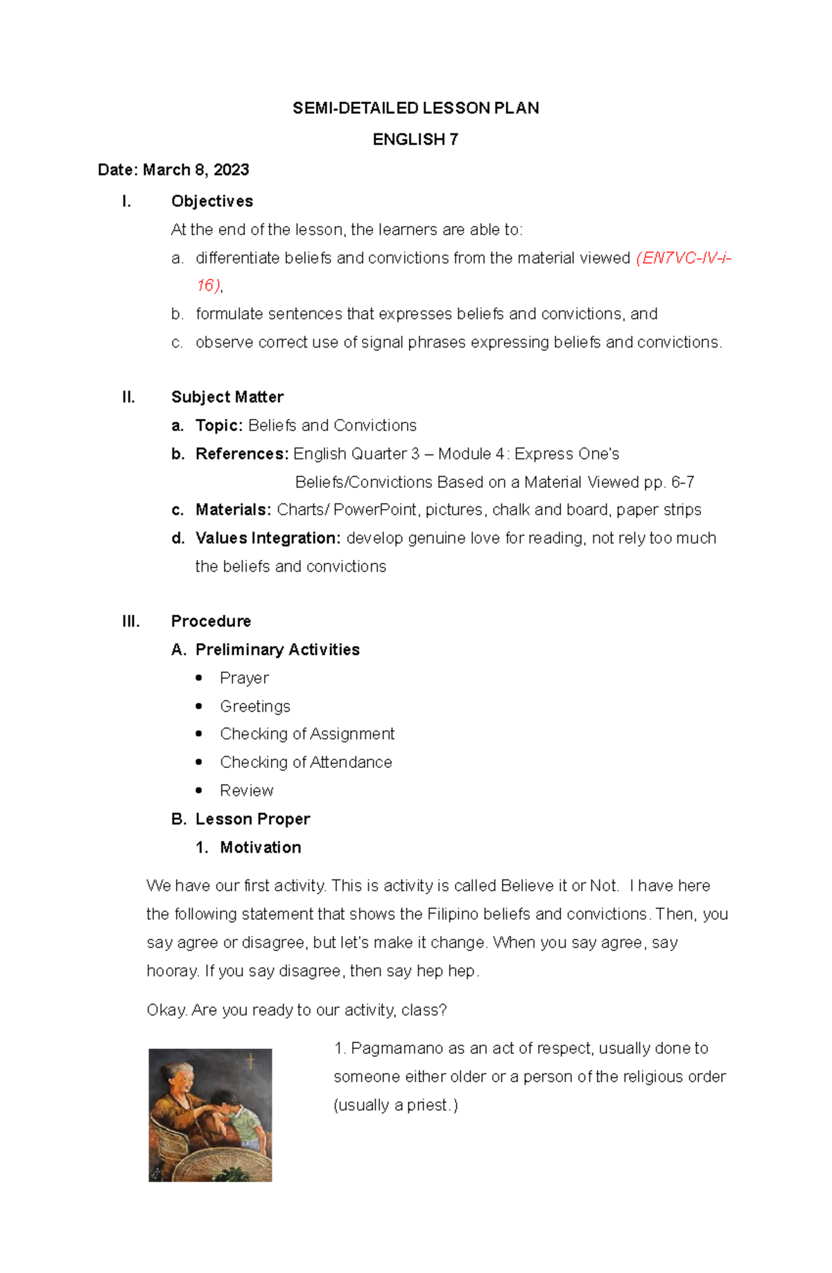 SEMI Detailed Lesson PLAN Beliefs and Convictions - SEMI-DETAILED ...