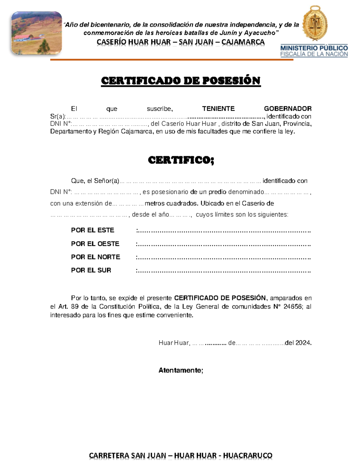 Cetificado de posesion huar huar - “Año del bicentenario, de la ...