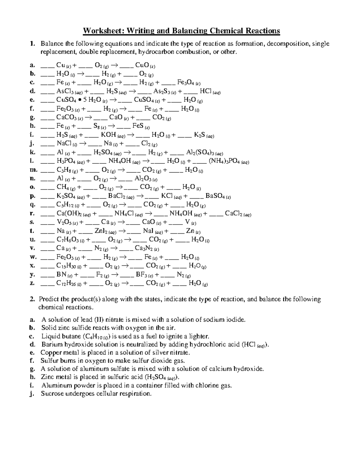 Worksheet Balancing Chemical Equations with type of reaction ...
