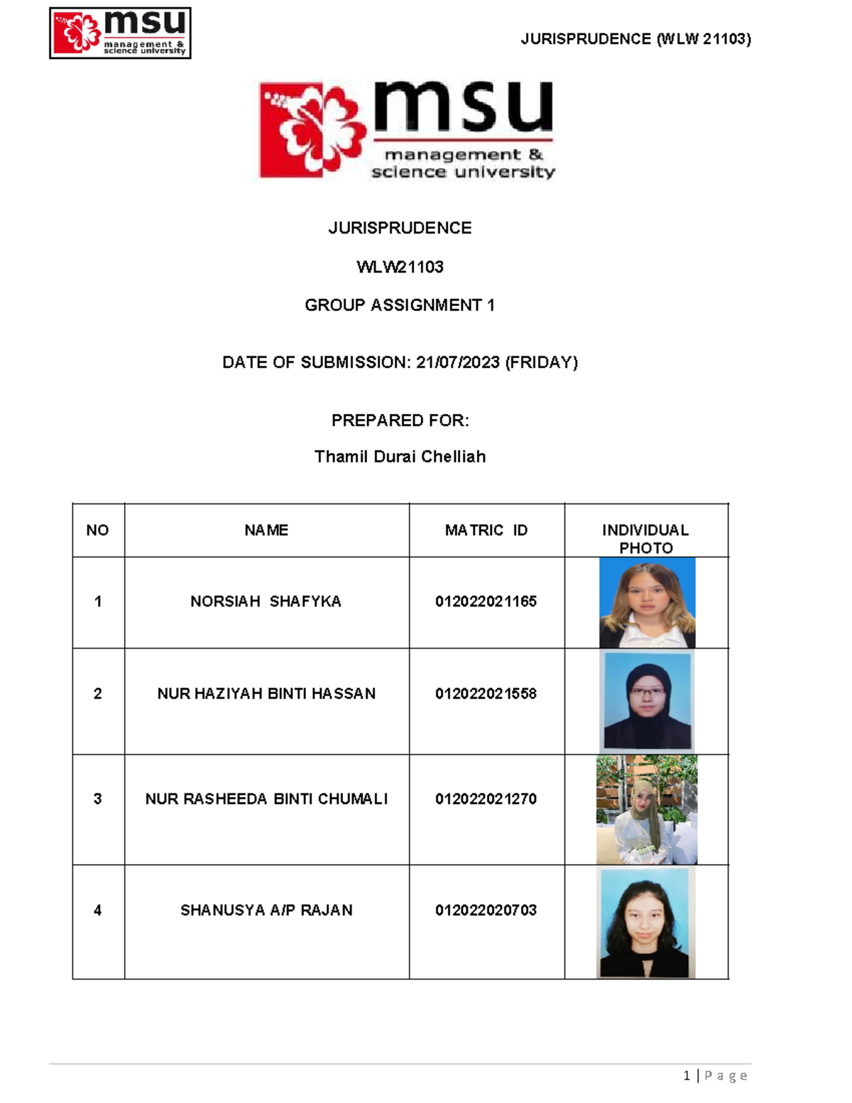 Assignment 1 - Jurisprudence - JURISPRUDENCE WLW GROUP ASSIGNMENT 1 DATE OF SUBMISSION: 21/07 ...