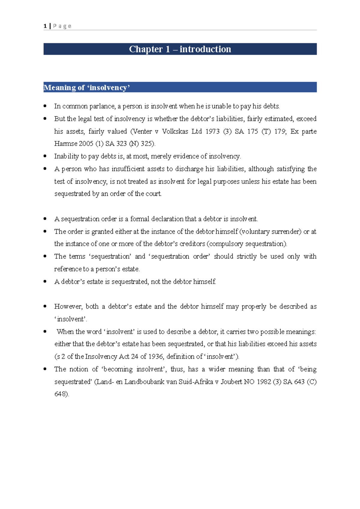 Chapter 1 - Chapter 1 – introduction Meaning of ‘insolvency’ In common ...
