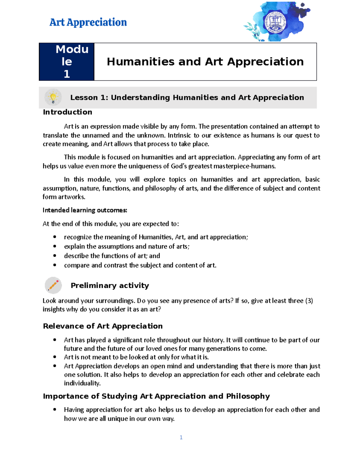 Module 1 Understanding Humanities and Art Appreciation - Modu le 1 ...
