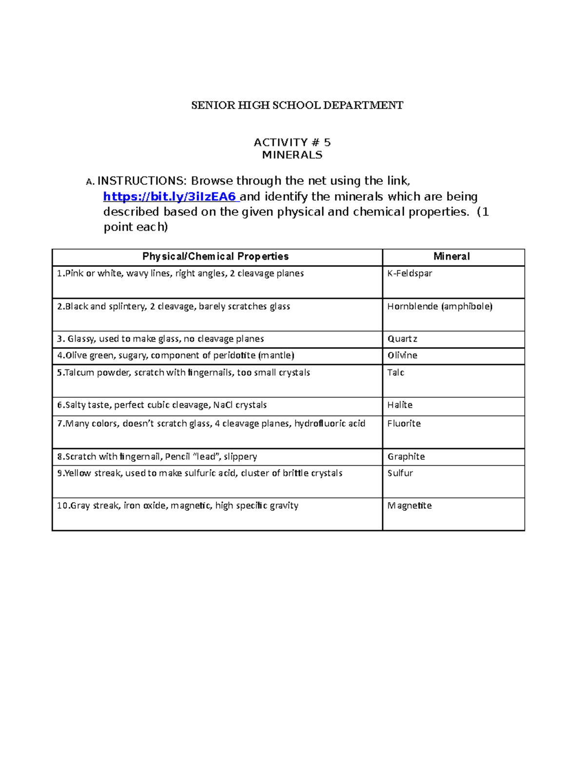 Earth Science Minerals Activity - ACTIVITY # 5MINERALS A. INSTRUCTIONS ...