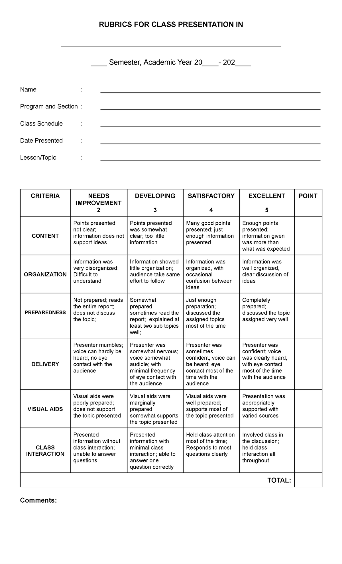 Rubrics for Class Presentation - RUBRICS FOR CLASS PRESENTATION IN ...