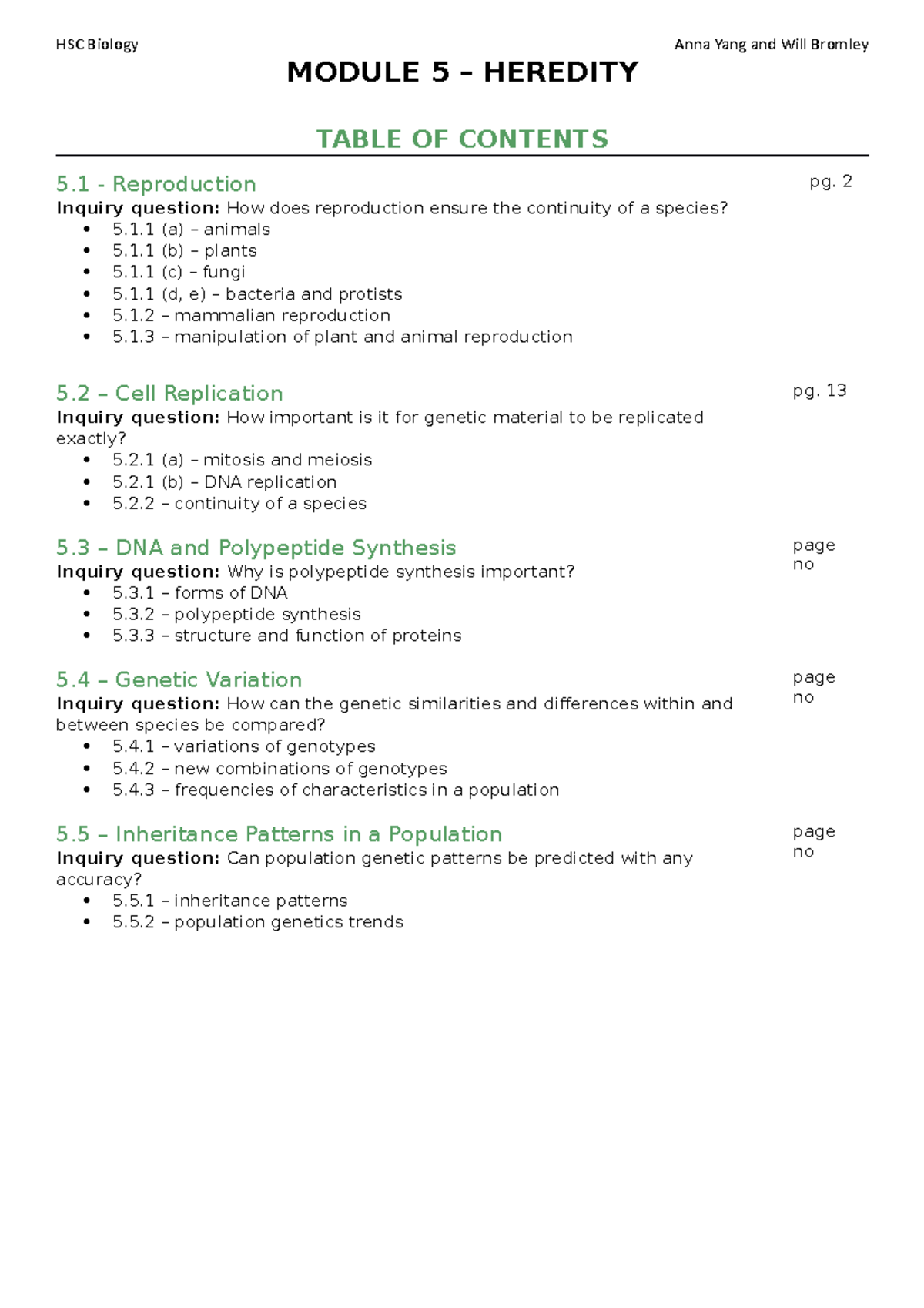 Bio Module 5 Notes 2 - MODULE 5 – HEREDITY TABLE OF CONTENTS 5 ...