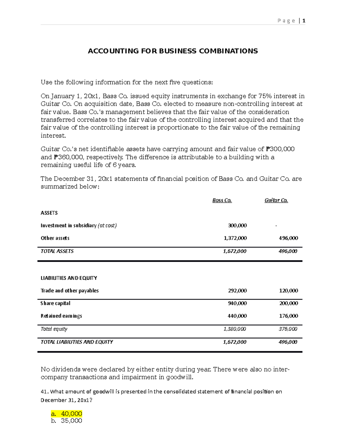 Prelim Examination for Business Combination - ACCOUNTING FOR BUSINESS ...