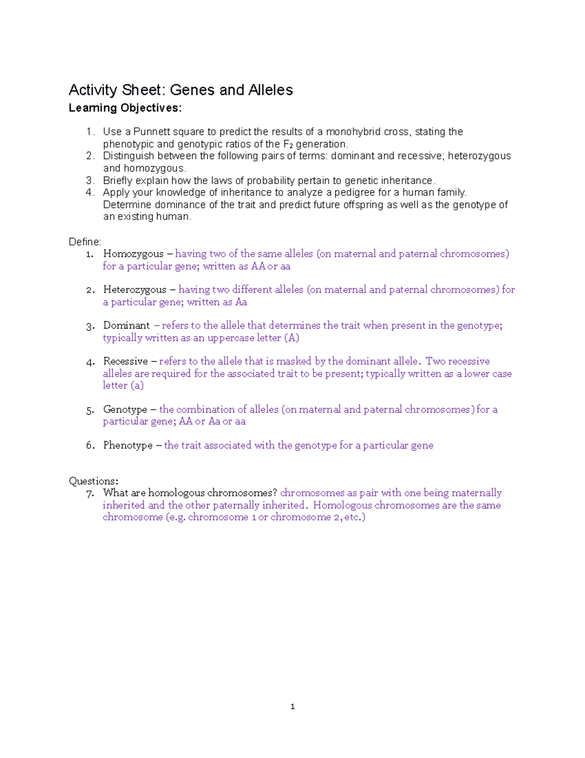 Chapter 11 Class Activity on Genes and Alleles Sp 23 Answers - Activity ...
