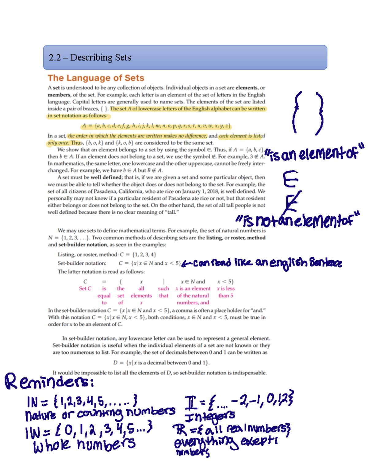 2.2 Student Lecture Notes MTH130 - 2 3 Describing Sets 1 isanelementof ...