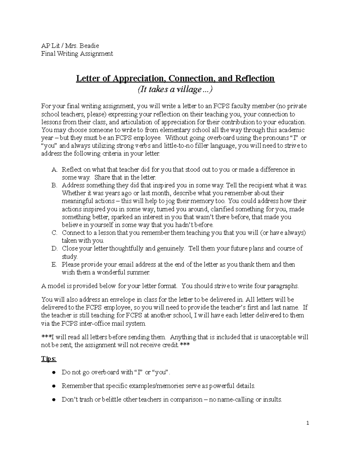 AP Lit - Final Writing Assignment - AP Lit / Mrs. Beadie Final Writing ...