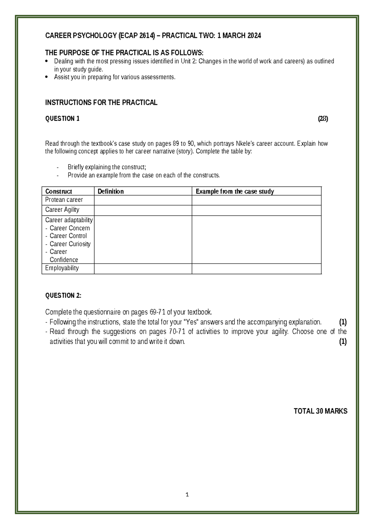 ECAP2614 Act 2(1) - PREPARATION - CAREER PSYCHOLOGY (ECAP 2614) – PRACTICAL TWO: 1 MARCH 2024 ...