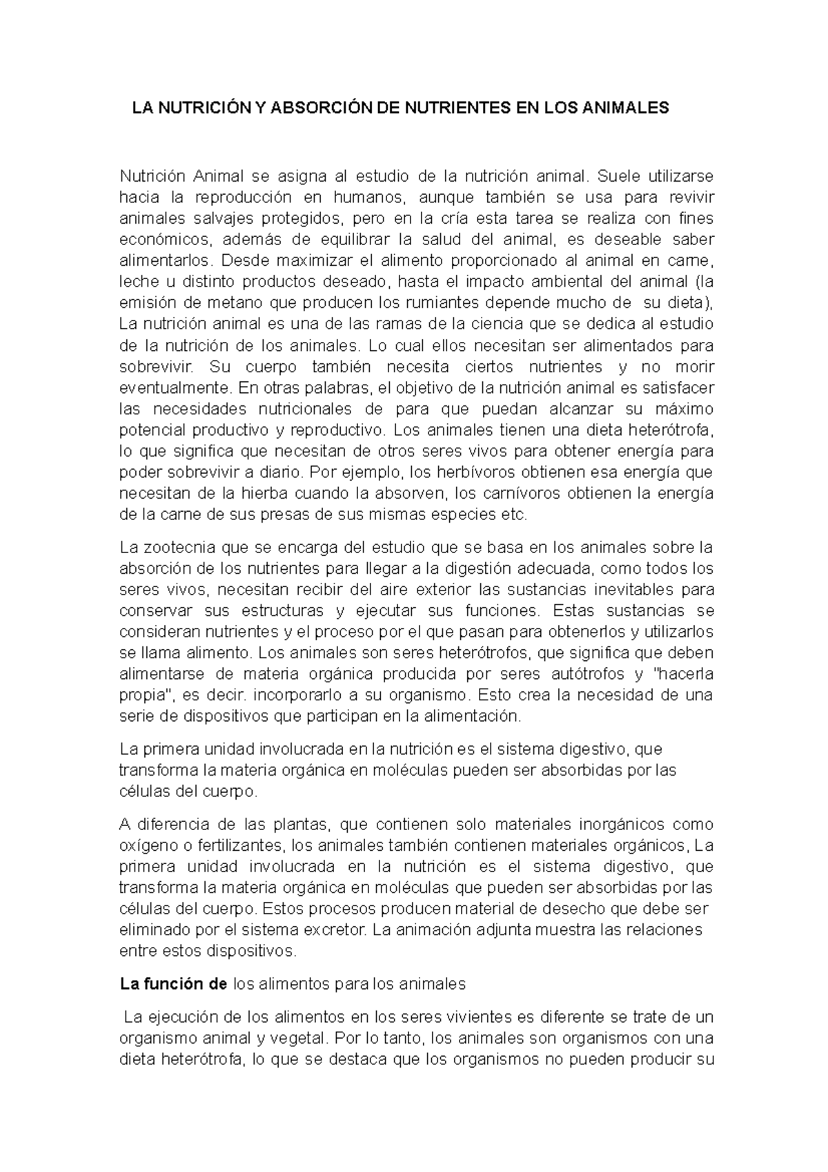 LA Nutricion Y Absorción DE Nutrientes EN LOS Animales Celide - LA ...