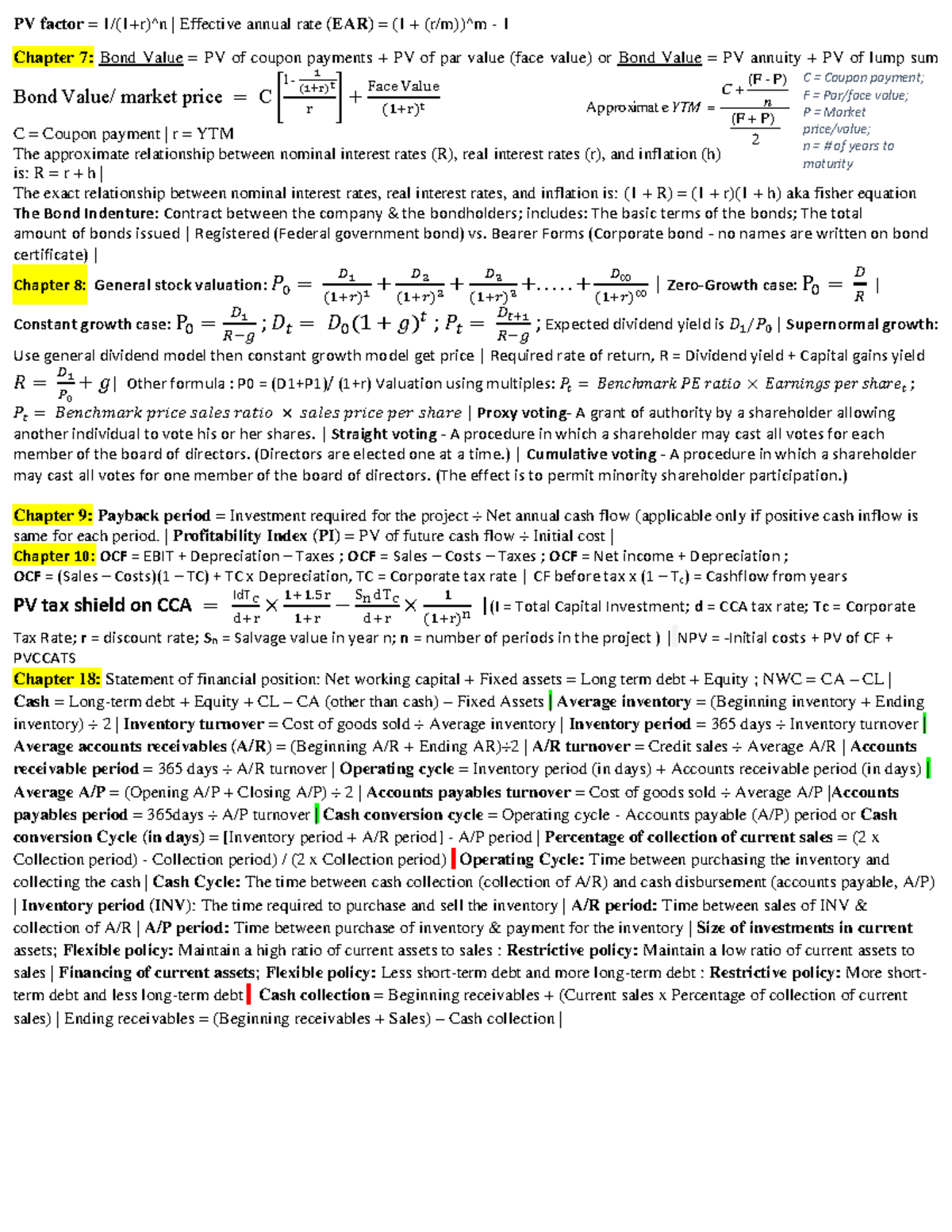 Comm 203 T2 Cheat Sheet - PV factor = 1/(1+r)^n | Effective annual rate (EAR) = (1 + (r/m))^m ...