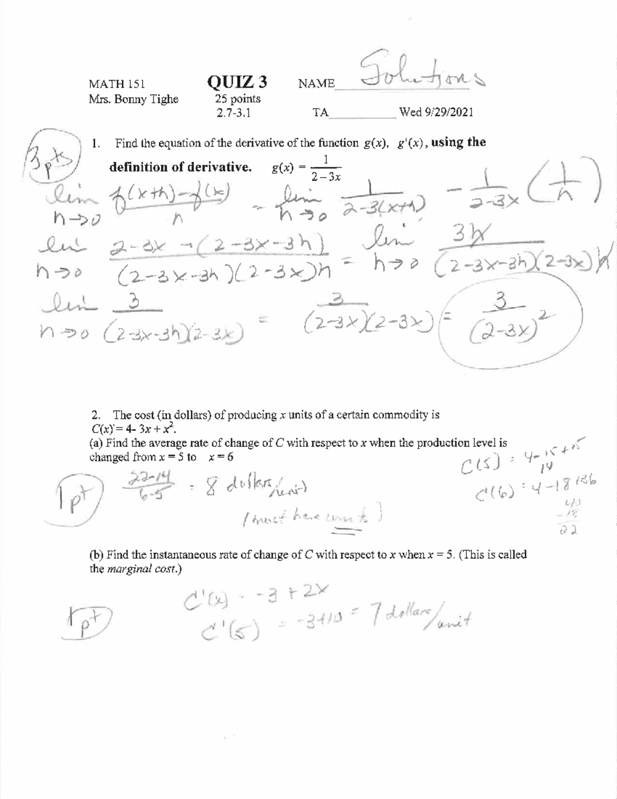 13912262 - Old Quizzes and some solutions - MATH 151 QUIZ 3 NAME ...