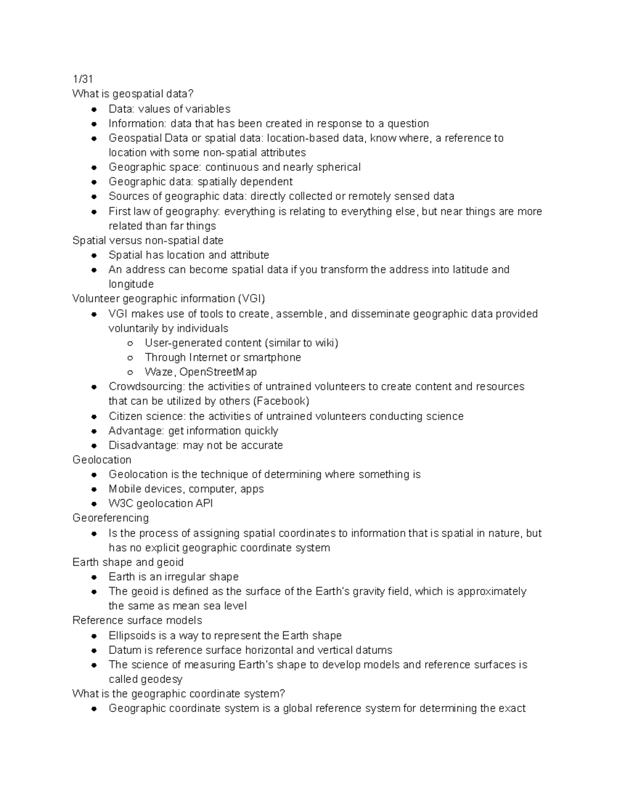 Geog 111 Notes - 1/ What is geospatial data? Data: values of variables ...