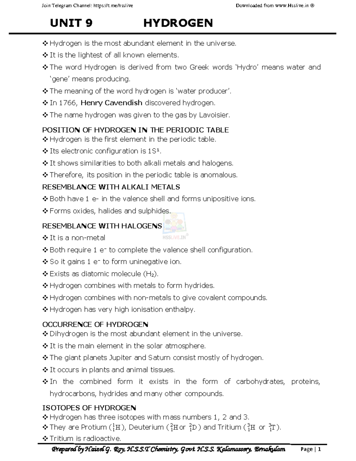9. Hydrogen - Lecture notes - UNIT 9 HYDROGEN Hydrogen is the most ...