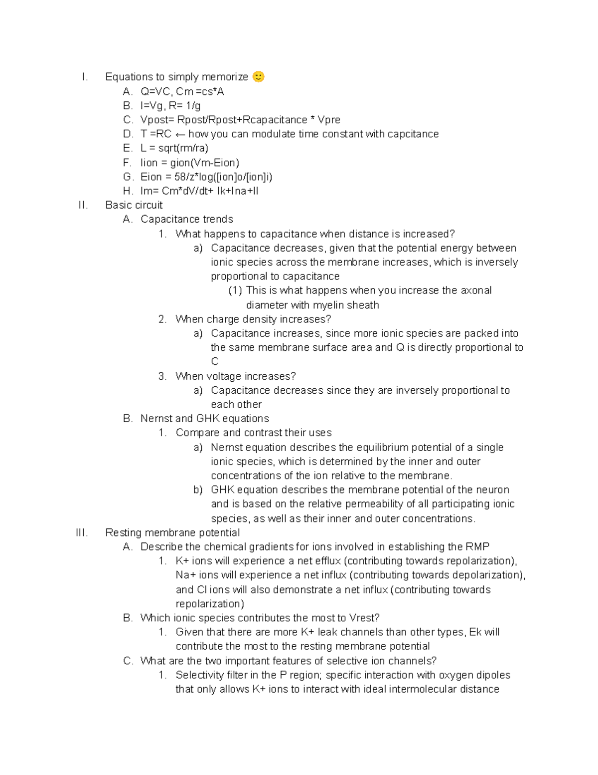 NSCI Midterm 1 Review Questions - I. Equations to simply memorize ̧ A ...