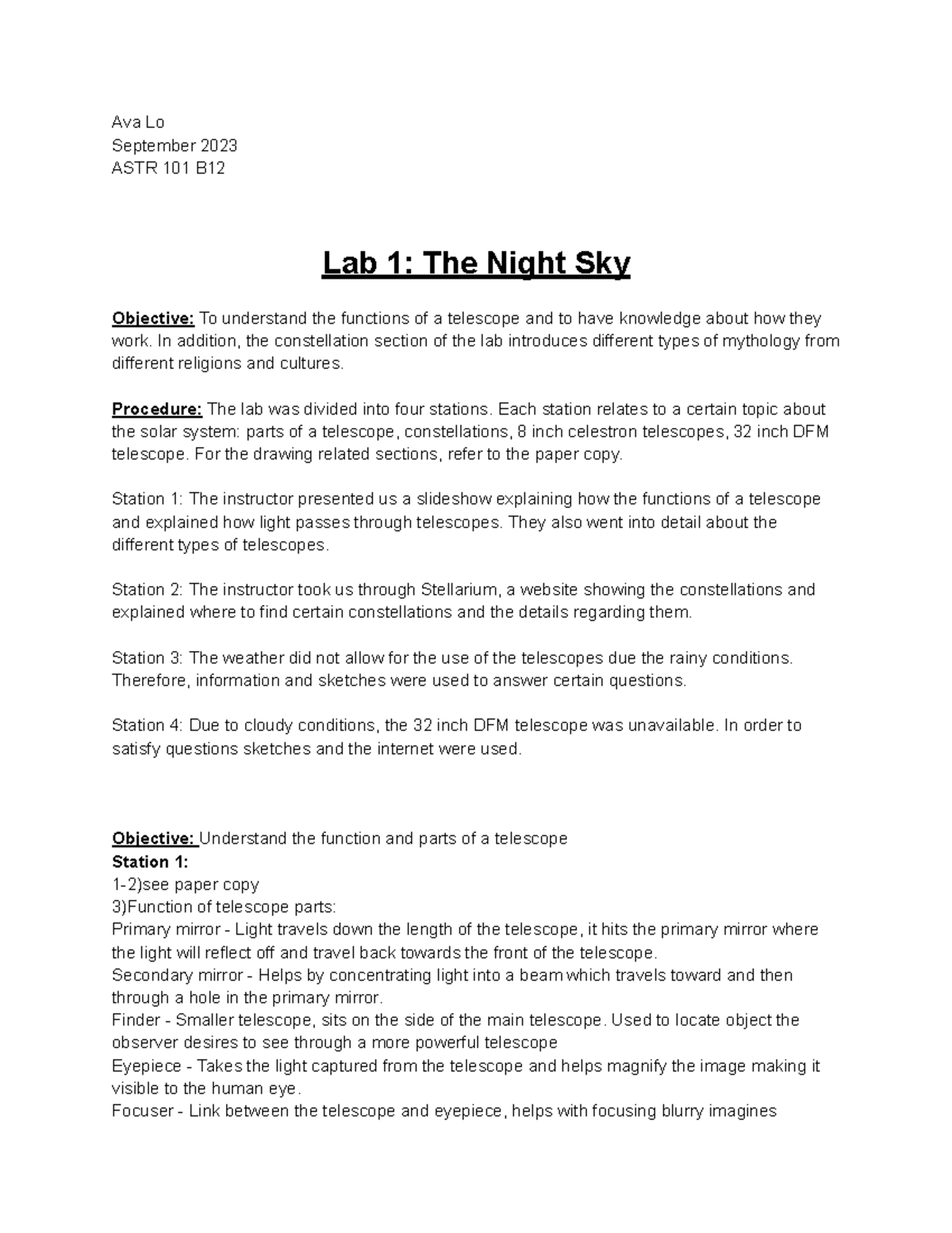 ASTR 101 - Lab 1 - Lab report 1 - exploring the night sky - Ava Lo September 2023 ASTR 101 B Lab ...