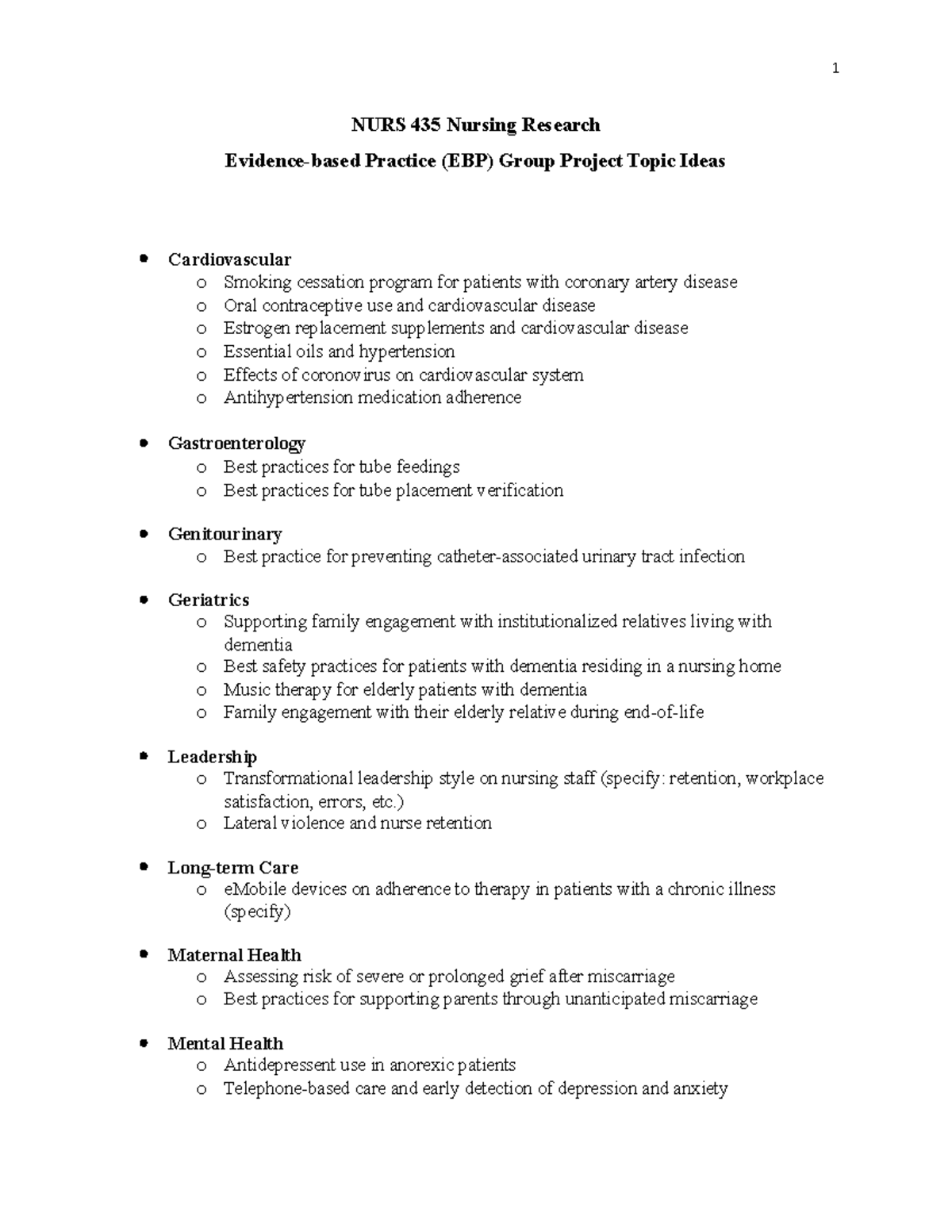 EBP Topic Ideas(3) - good - 1 NURS 435 Nursing Research Evidence-based ...