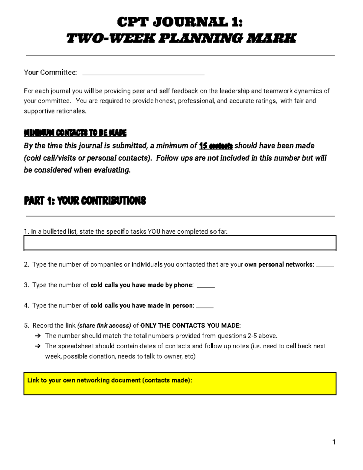 Arya Bayat-Mokhtari - Journal 1 Two-Week Planning Mark - CPT JOURNAL 1 ...