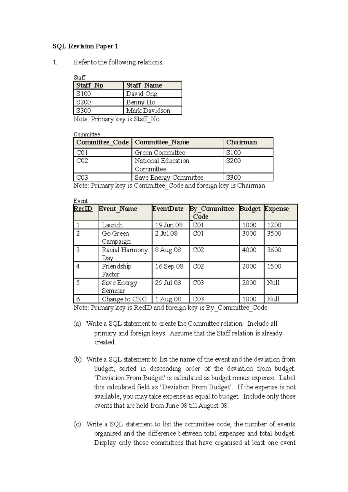 SQL Revision 1(3) - nil - SQL Revision Paper 1 Refer to the following relations. Staff Staff_No ...