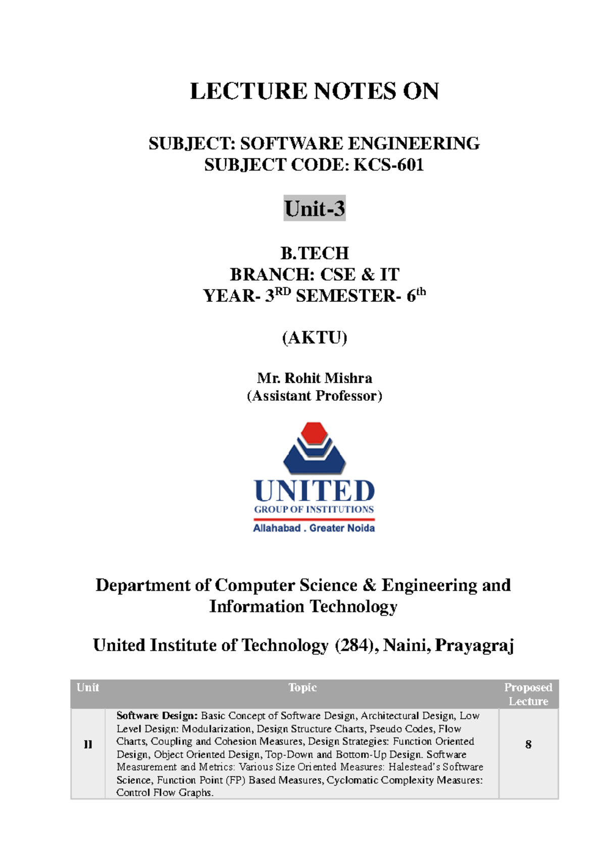 SE (KCS-601) Unit-3 Notes - LECTURE NOTES ON SUBJECT: SOFTWARE ... SE (KCS-601) Unit-3 Notes - LECTURE NOTES ON SUBJECT: SOFTWARE ...